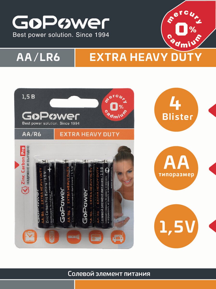 Батарейки пальчиковые GoPower R6 AA BL4 Солевые 1.5V - 4шт.