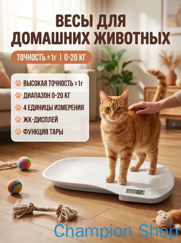Весы электронные для кошек и собак, до 15 кг, точность 1 г, переключение единиц, 35*25*3.8 cm для питомцев и ветклиники