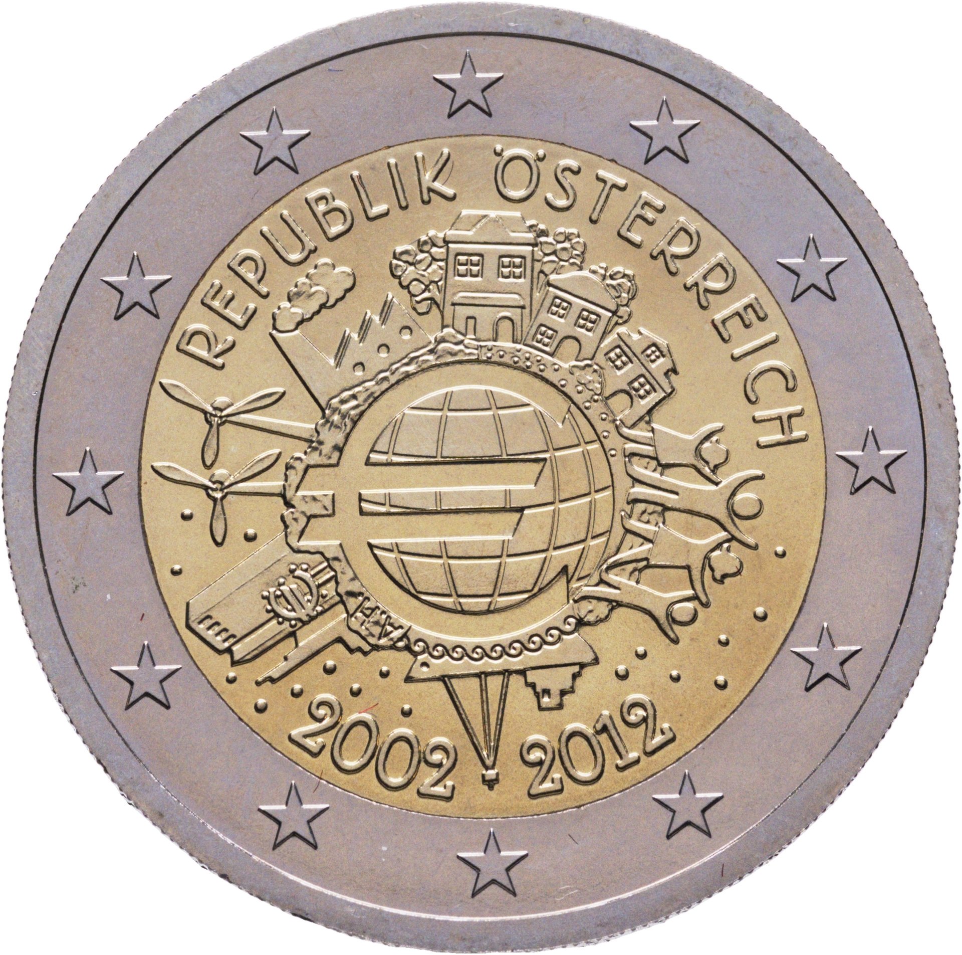 Австрия 2 евро 2012 "10 лет евро", Биметалл, в сохранности UNC