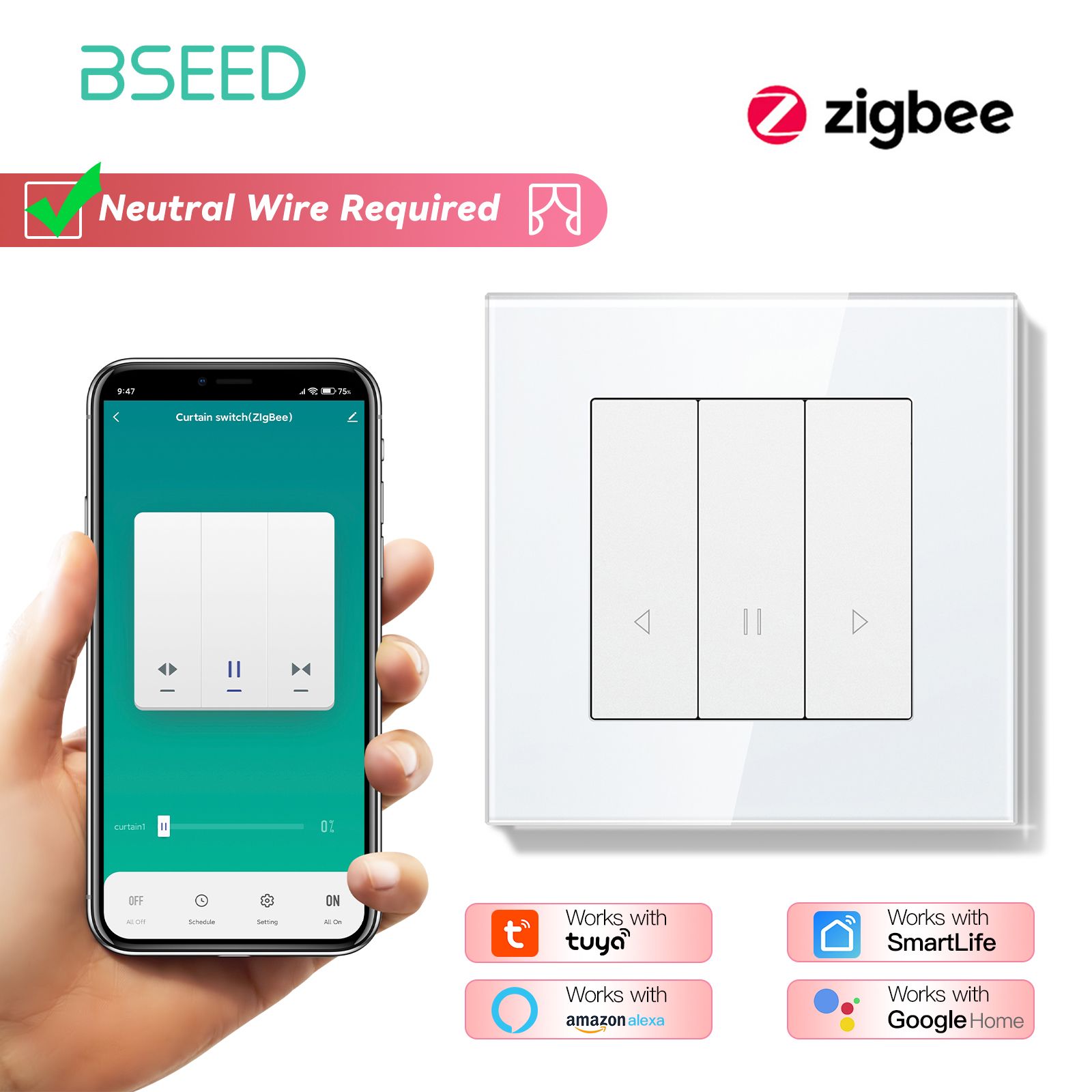 BSEED Выключатель для жалюзи/электро-карнизов (механизм) c Алисой ZIGBEE, Серия E - CLICK