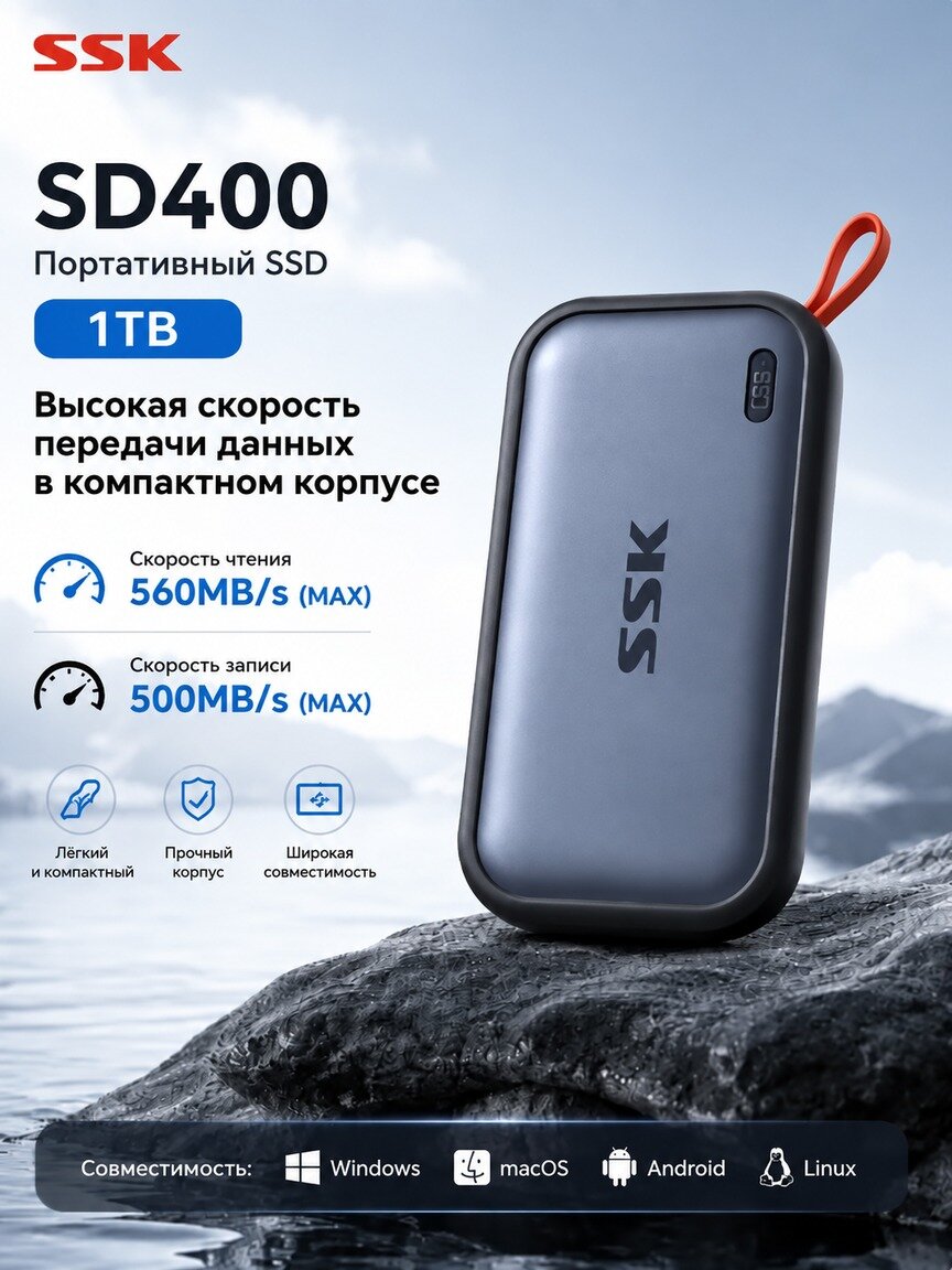 Портативный SSD SSK SD400 1TB, внешний твердотельный накопитель USB 3.2 Gen2, скорость чтения до 560 МБ/с