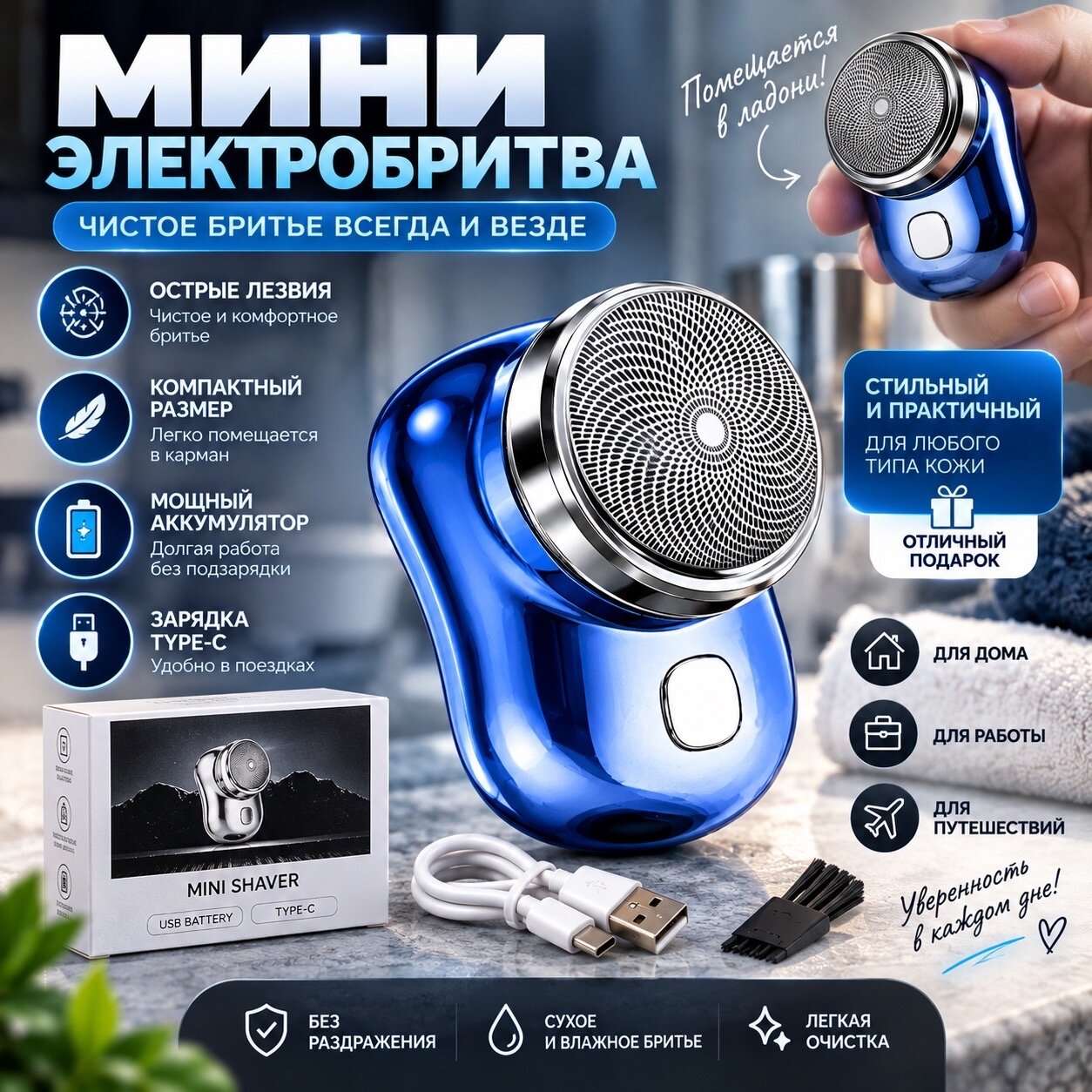Мини электробритва универсальная для дома и путешествий