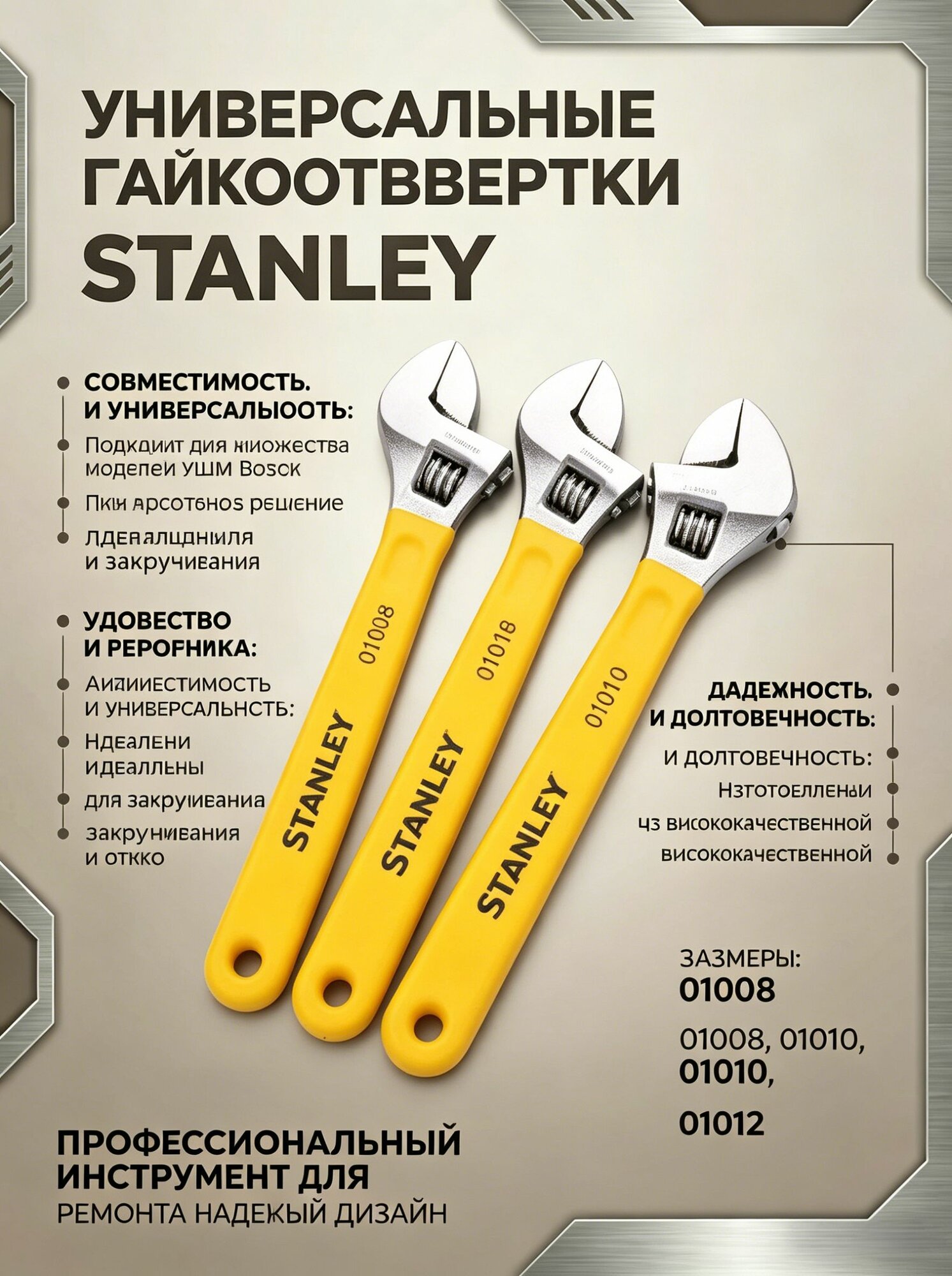 Регулируемый ключ Stanley B Series с пластиковым покрытием, инструмент для авторемонта, многофункциональный ключ 4inch-18inch