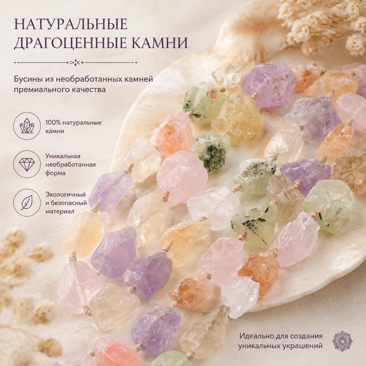 1 нить натуральных необработанных бусин из смешанных драгоценных камней: розовый кварц, аметист, пренит, самородки кварца