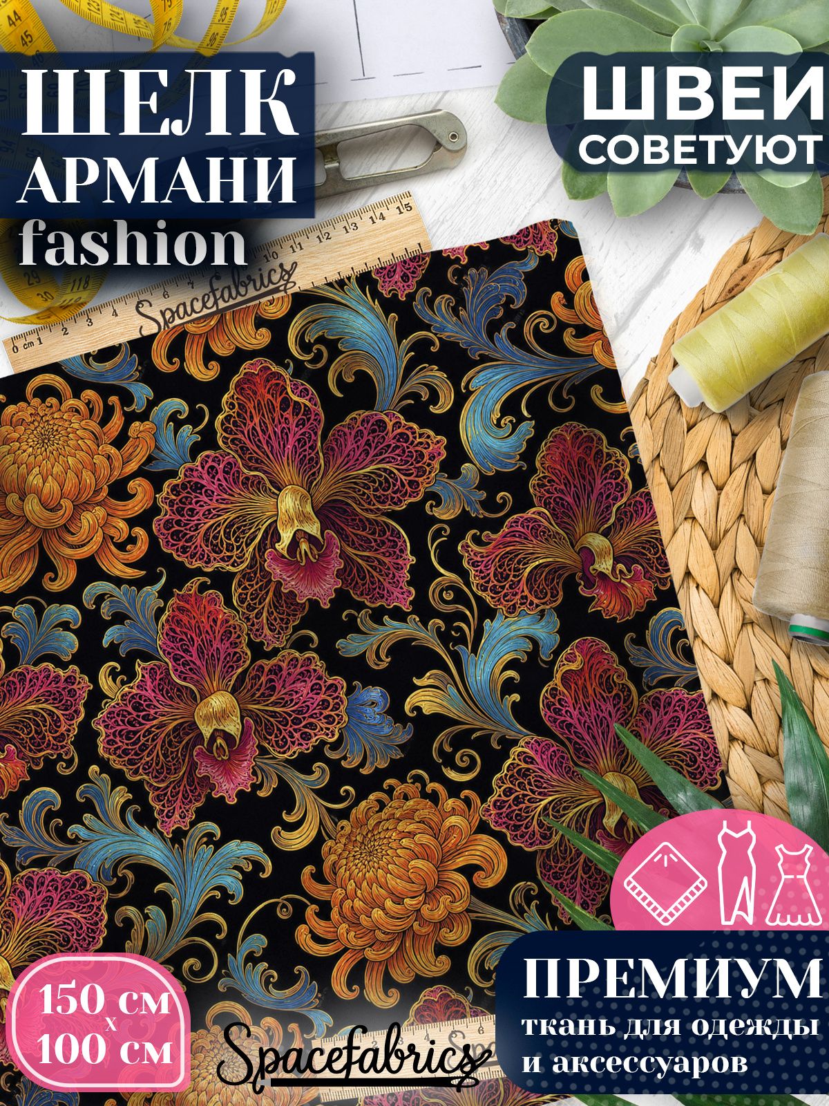Ткань для шитья шелк Армани, искусственный атлас шелк для костюмов, платьев, юбок с принтом Орхидеи и хризантемы