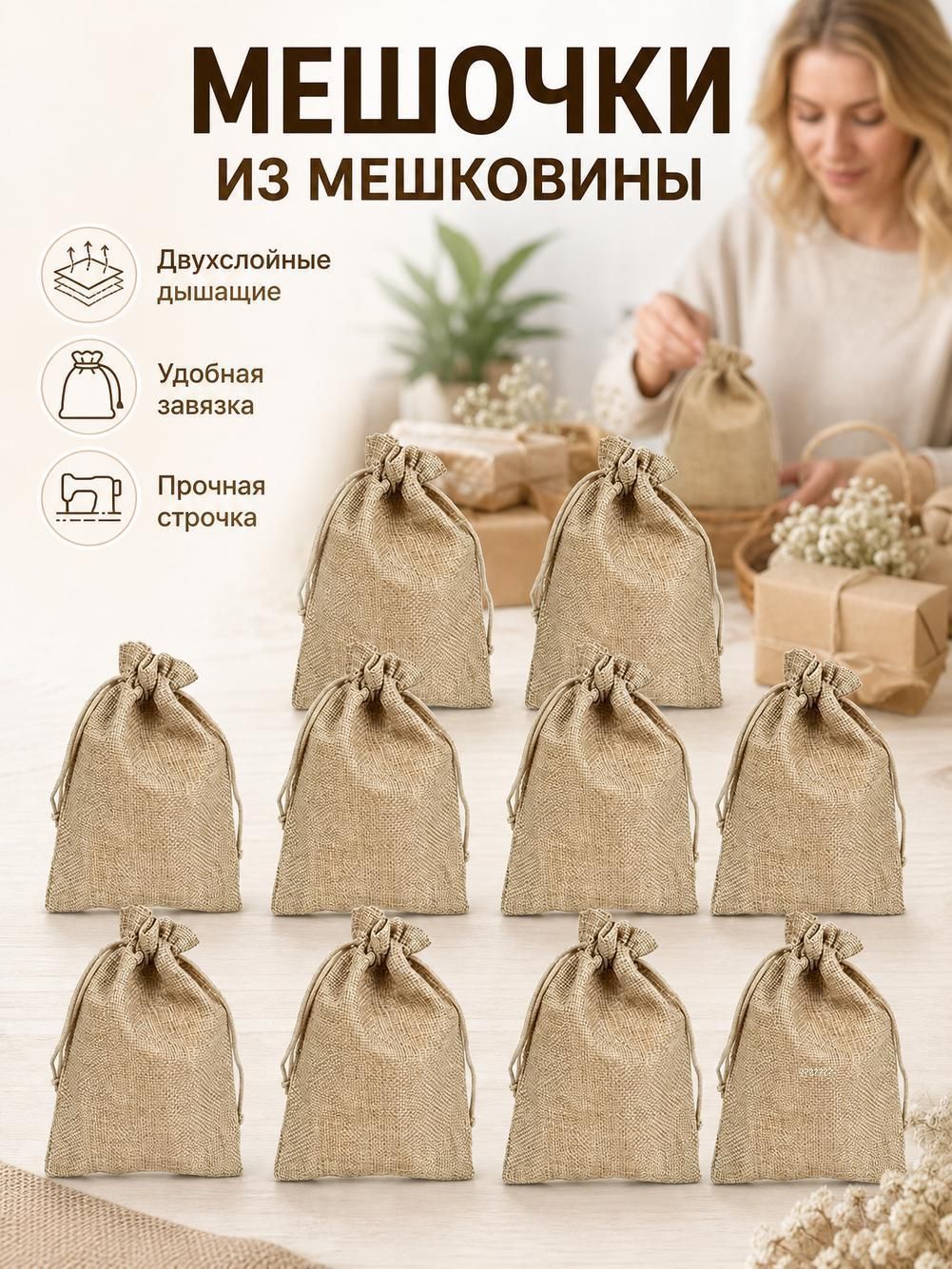 Тканевые мешочки для хранения, для подарков, льняные подарочные мешочки, 10 x 15 cm, 10 шт.