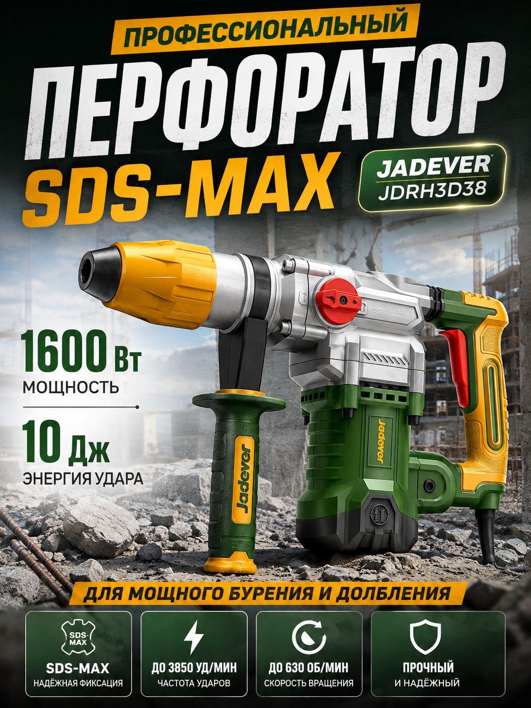 Перфоратор профессиональный SDS-Max 1600 Вт 10 Дж для бетона, с бурами и зубилами в кейсе JADEVER JDRH3D38