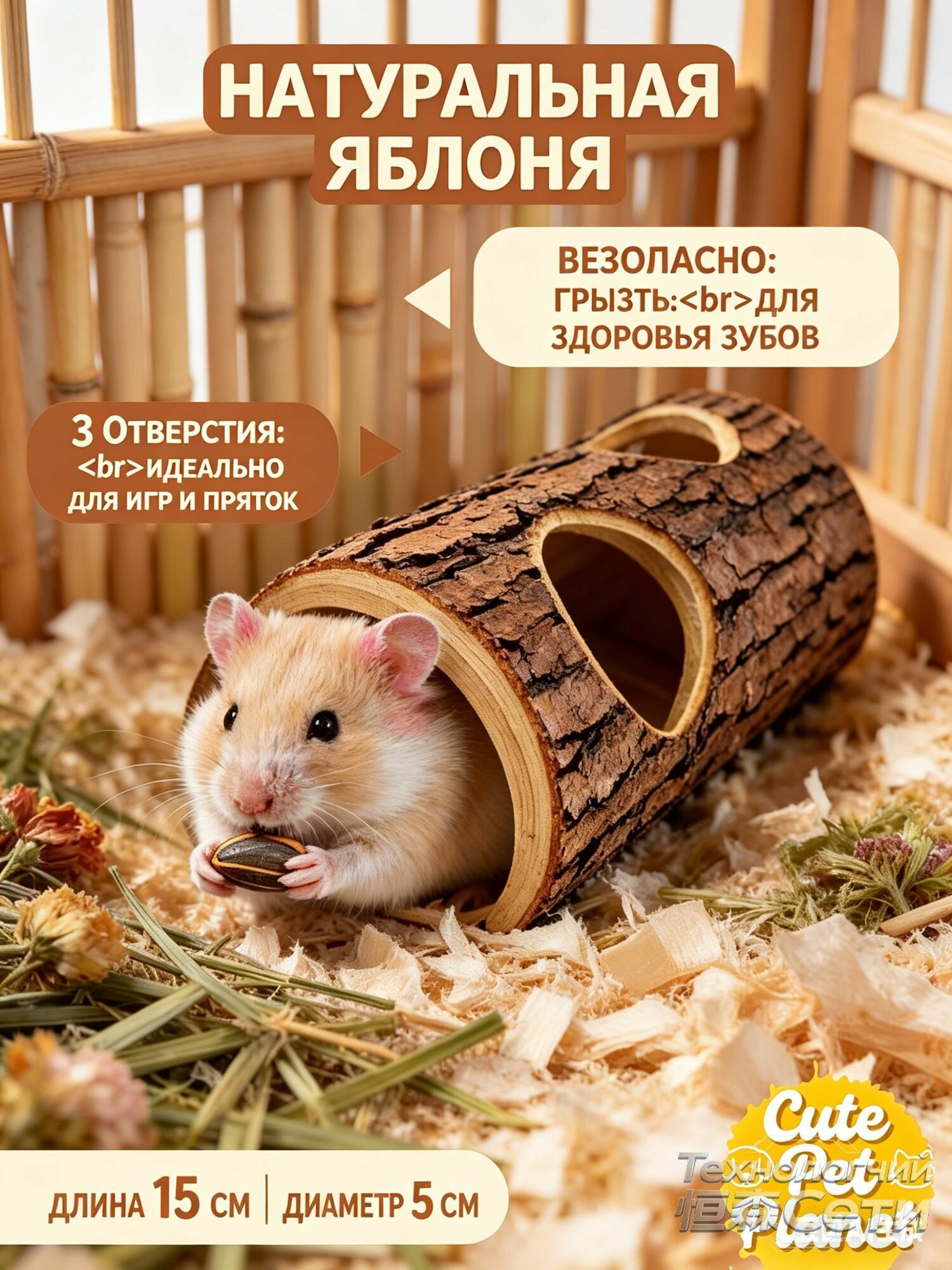 Туннель для хомяков из натуральной яблони, дерево для грызунов - домик-укрытие и игрушка для заточки зубов крыс, песчанок и мышей, 15х5 см.