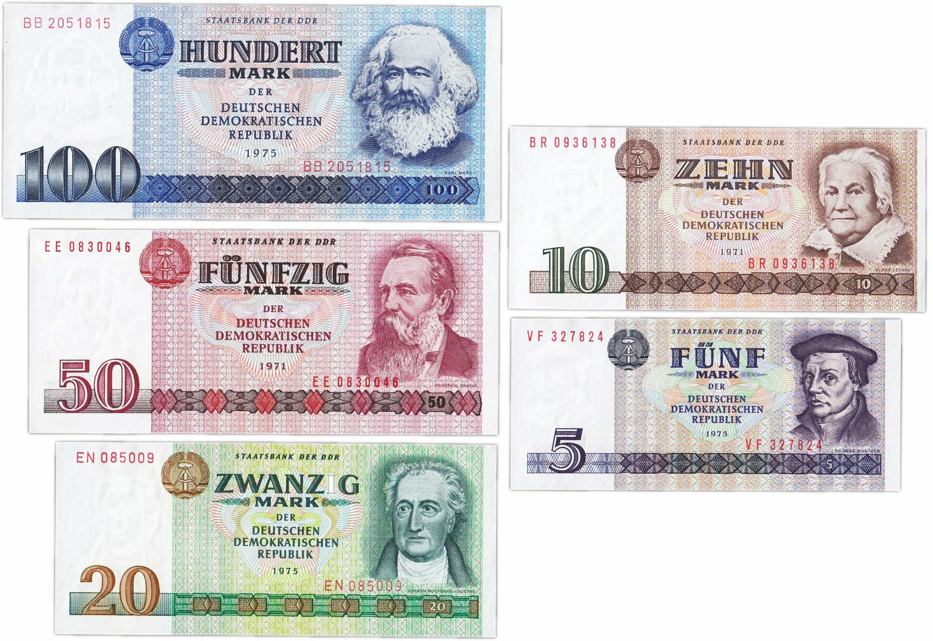 Набор Германия ГДР 5,10,20,50 и 100 марок 1971-1975 годов Pick 27- 31