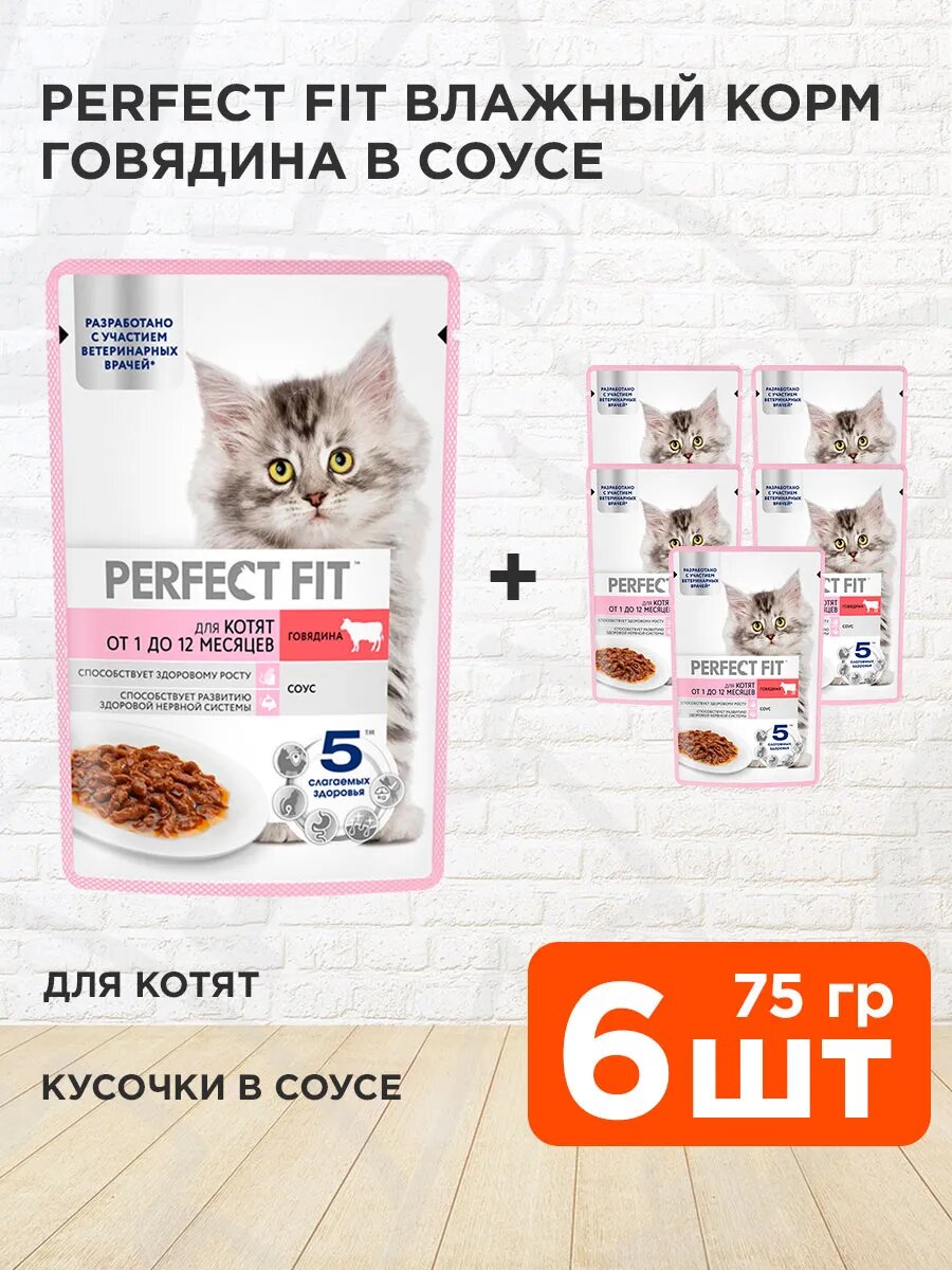 Корм влажный Perfect Fit для котят, говядина в соусе, 75 г 6 шт