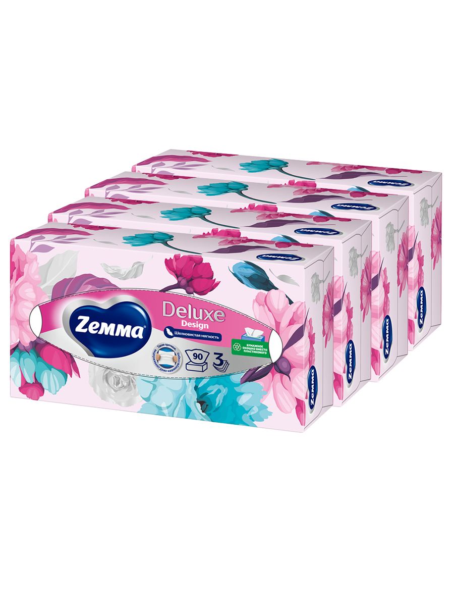 Салфетки Зева бумажные косметические, Zewa/Zemma Deluxe, 4 пачки
