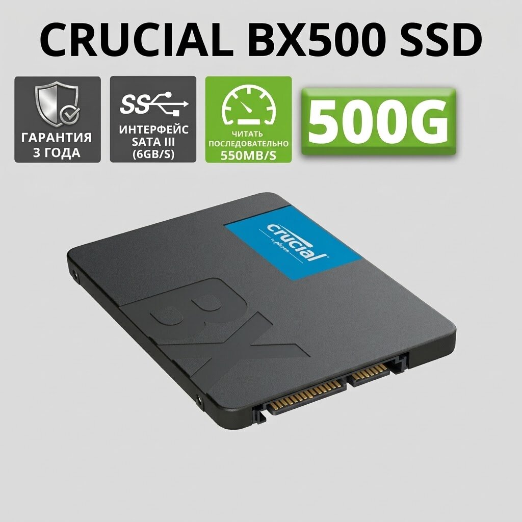 Накопитель SSD Crucial BX500 CT500BX500SSD1 500 ГБ, 2.5", SATA III, SATA 550 МБ/с