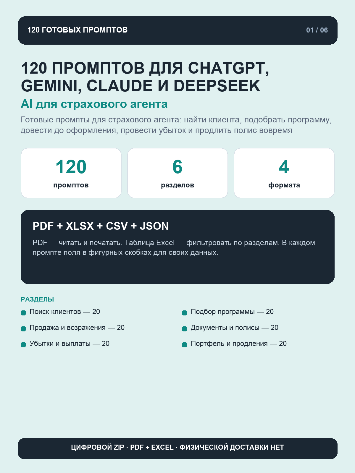 AI для страхового агента: 120 промптов для ChatGPT, Gemini, Claude и DeepSeek, цифровой ZIP PDF и Excel