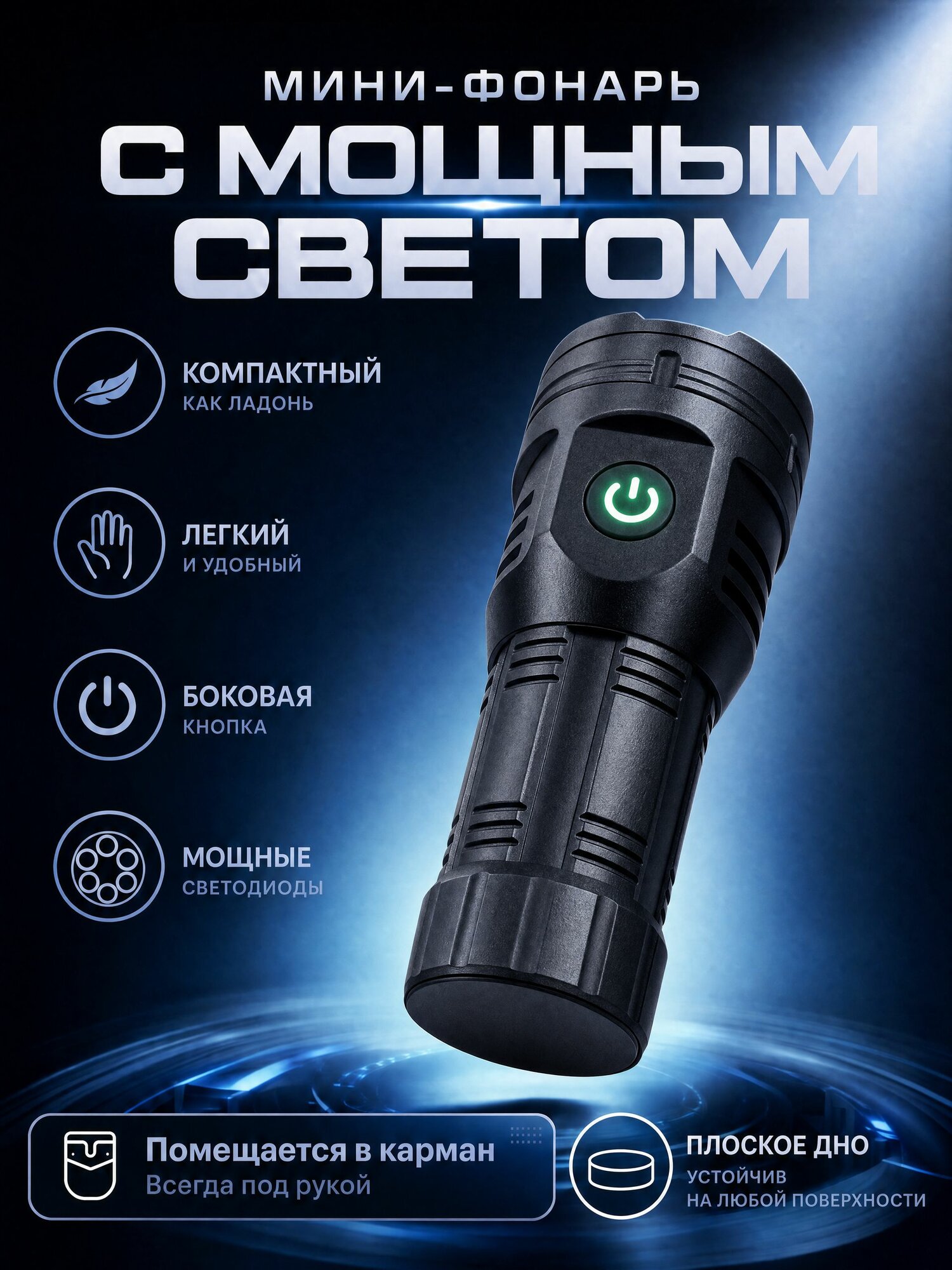 Аккумуляторный ручной фонарик 8 LED, мощный, компактный, водонепроницаемый, для рыбалки, походов и дома