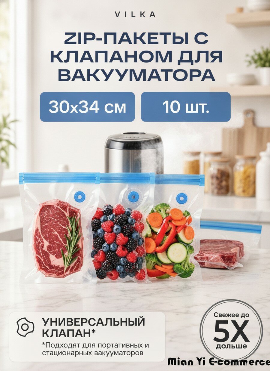 Пакеты вакуумные с клапаном и zip-замком для вакууматора 30x34 см, 10 шт, Материал PA+PE, многоразовые