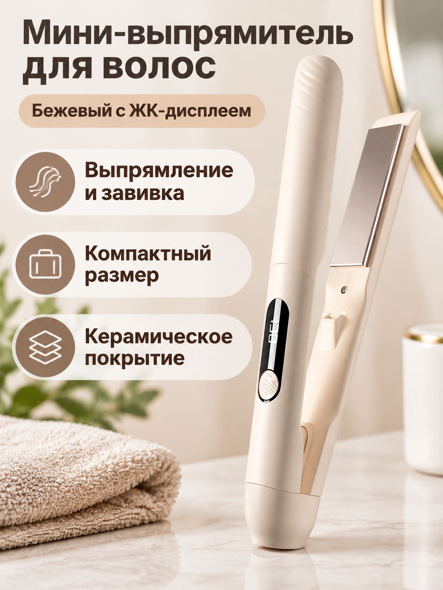 Выпрямитель для волос с функцией завивки, керамические пластины, ЖК-дисплей, 10 режимов температуры, для дома и путешествий, цвет бежевый