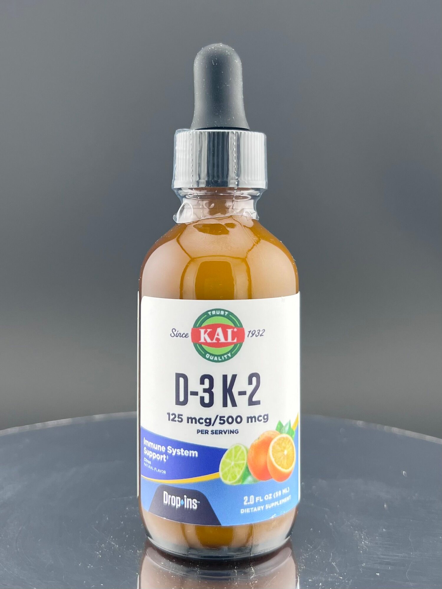 Витамины D3 и К2 в каплях, с натуральным цитрусовым вкусом, KAL, D-3 K-2 DropIns Emulsion, 59 мл