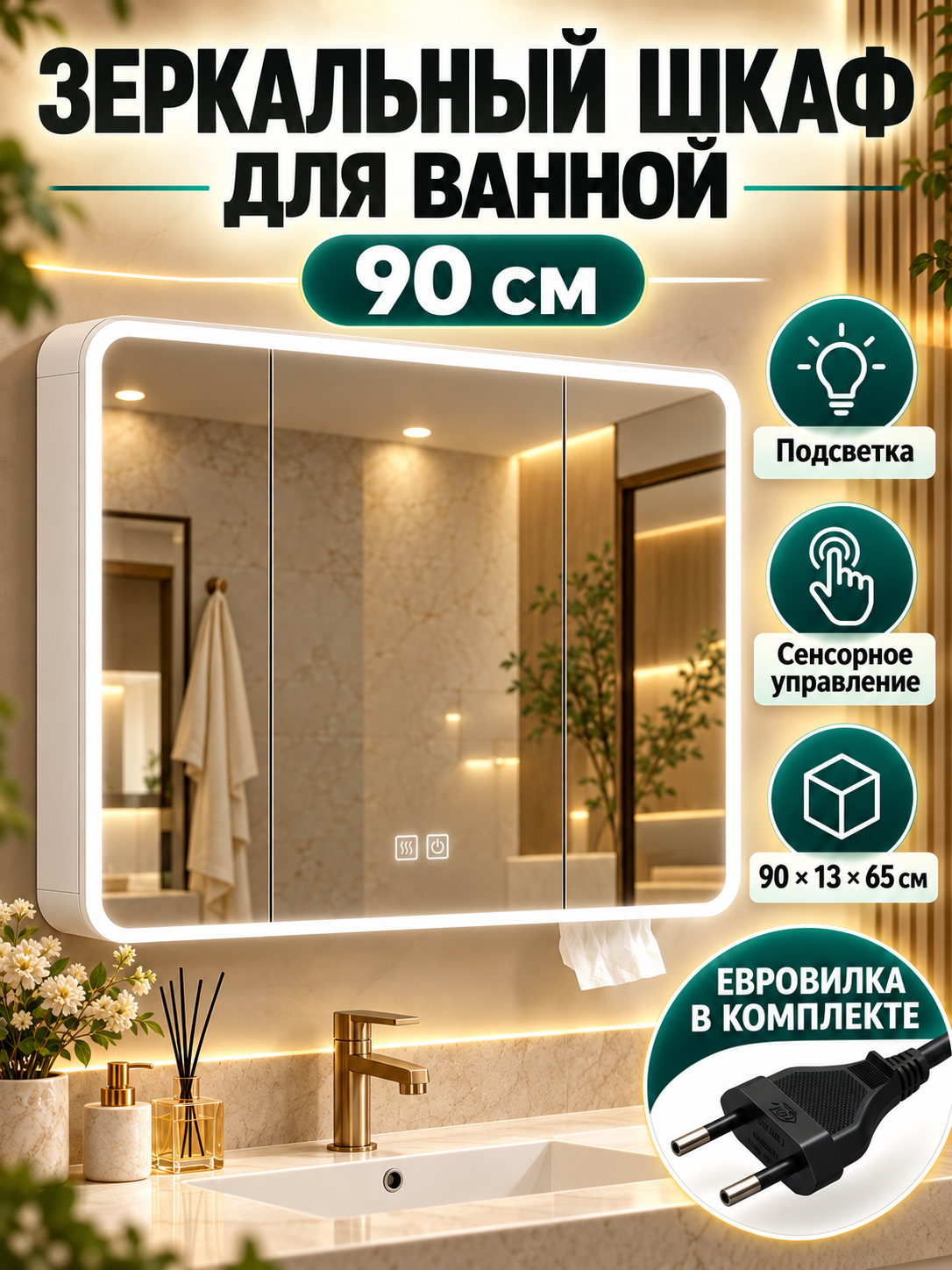Большой палец Зеркало-шкаф, Умный зеркальный шкафчик для ванной комнаты, 90x13x65 см,