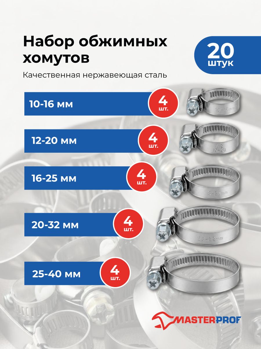 Хомут обжимной 5 размеров 10-16, 12-20, 16-25, 20-32, 25-40 мм, нержавеющая сталь, червячный для шланга и труб, 20 шт.