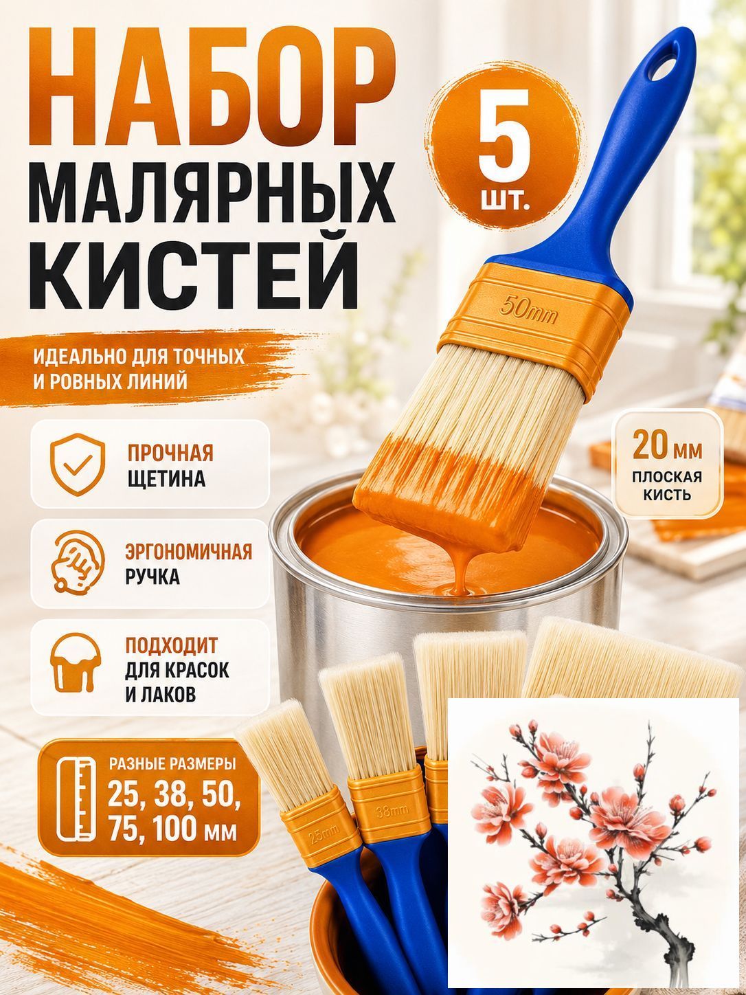 Кисть малярная, набор кистей для краски с искусственной щетиной, с синими ручками, 5 шт.