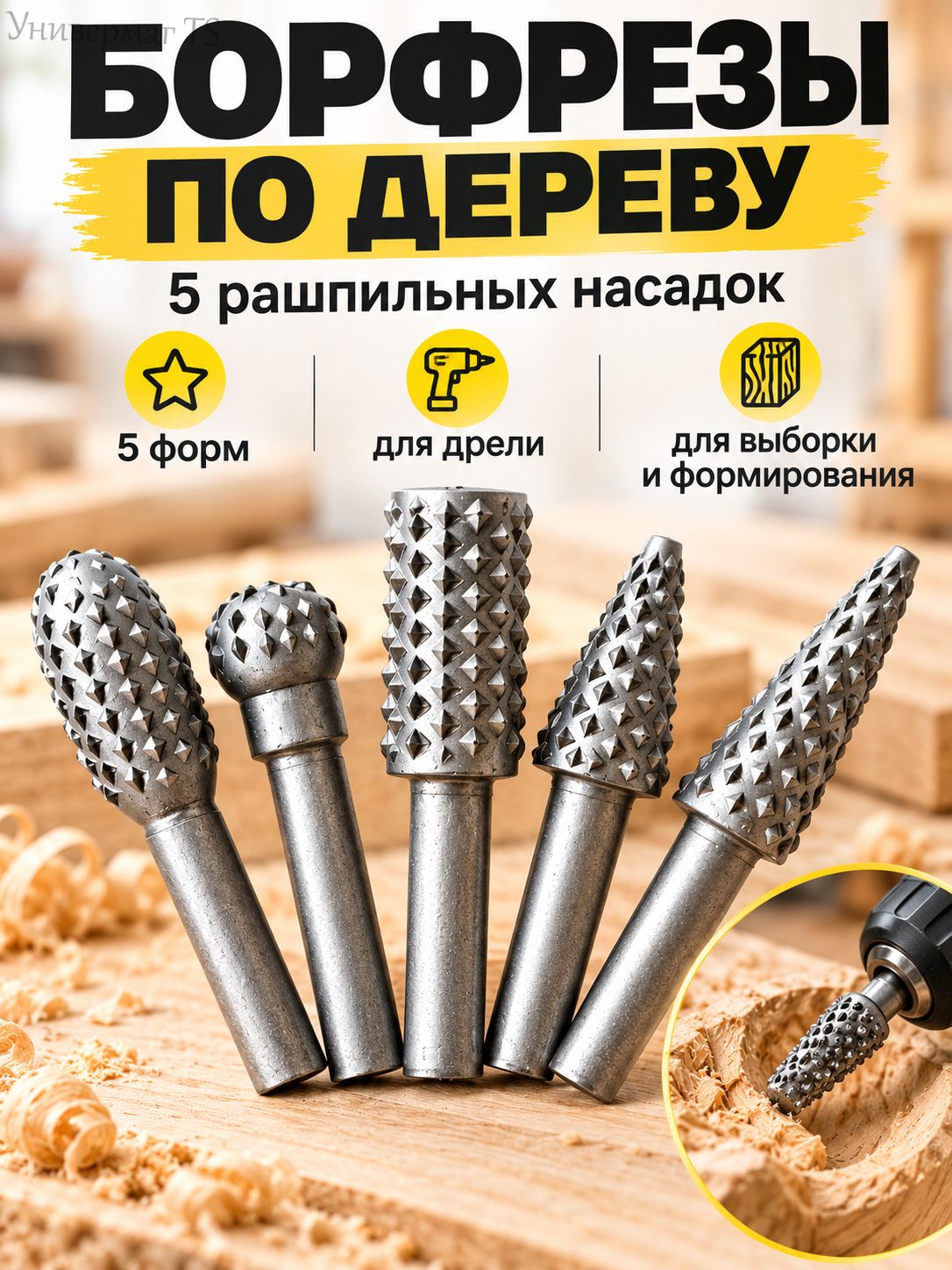 Набор борфрез по дереву 5 шт, рашпильные насадки для дрели, шарошки для выборки и формирования древесины