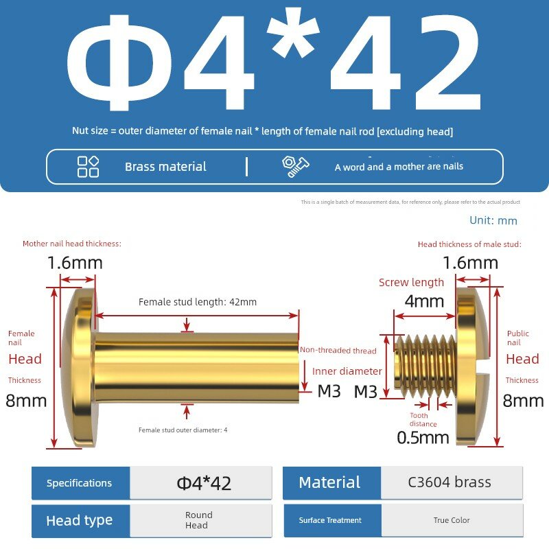Бронзовые заклепки 4 мм диаметр х 42 мм длина, 8 мм диаметр головки, круглая головка, 2 комплекта