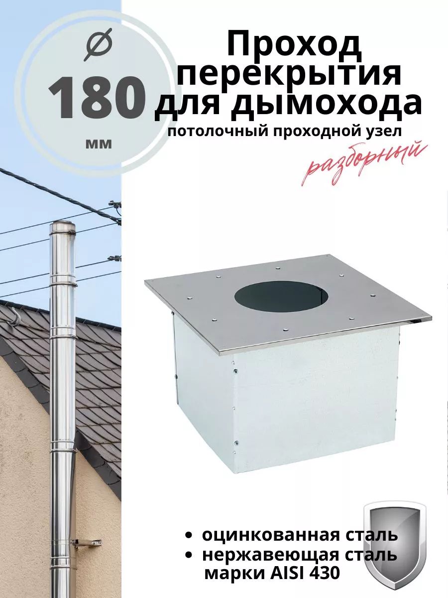 Проход перекрытия ППУ (Потолочный проходной узел) для дымохода 180 мм. разборный, нержавейка/оцинковка