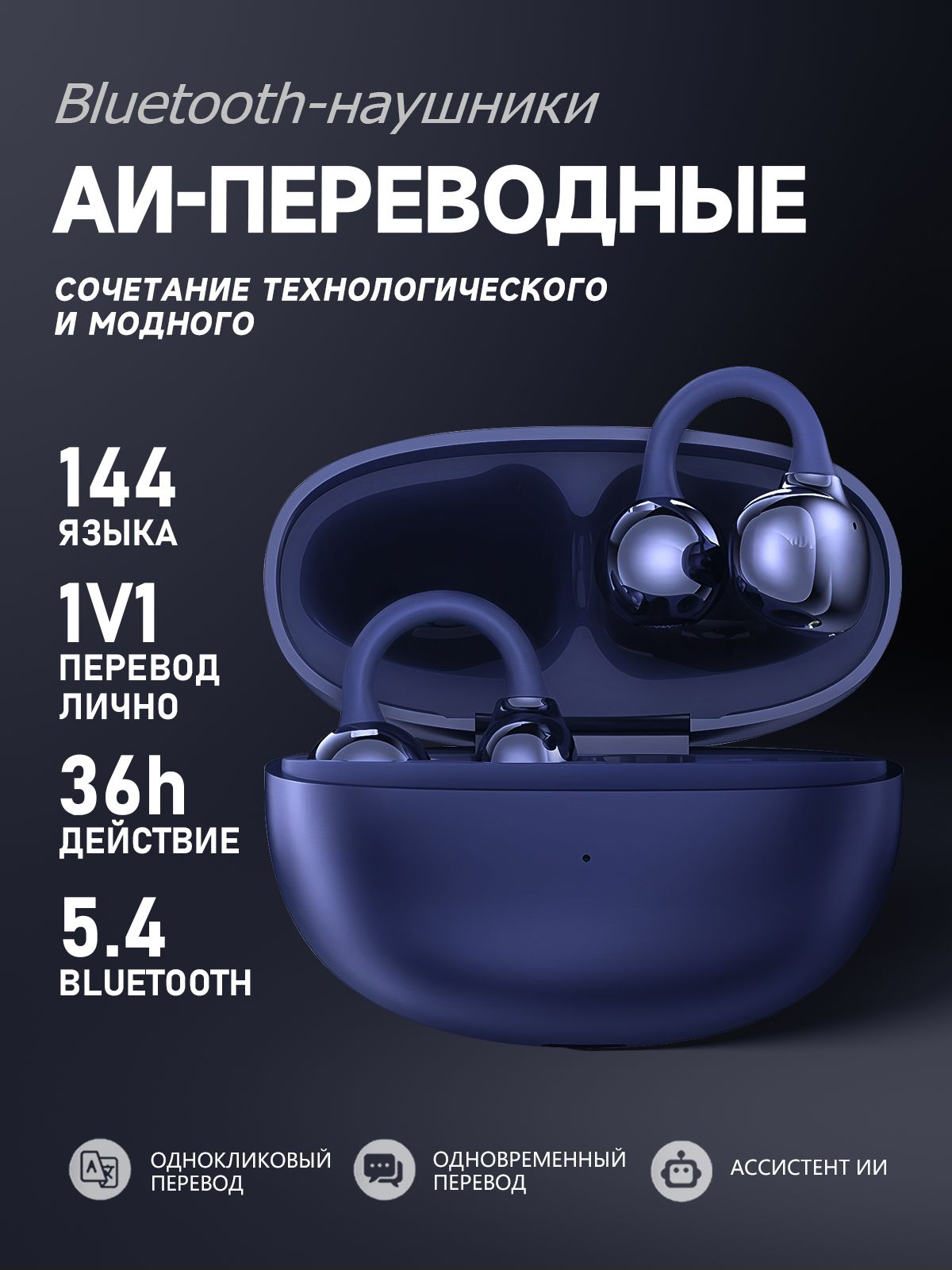 Наушники клипсы беспроводные для телефона с AI переводчиком на 145 языков, наушники с микрофоном и шумоподавлением, каффы с зарядным кейсом