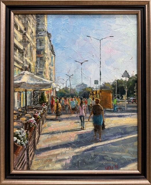 Картина маслом, городской пейзаж "Летняя Москва". МДФ/Масло, 2018. Размер 50х40 см. Автор Коган Борис