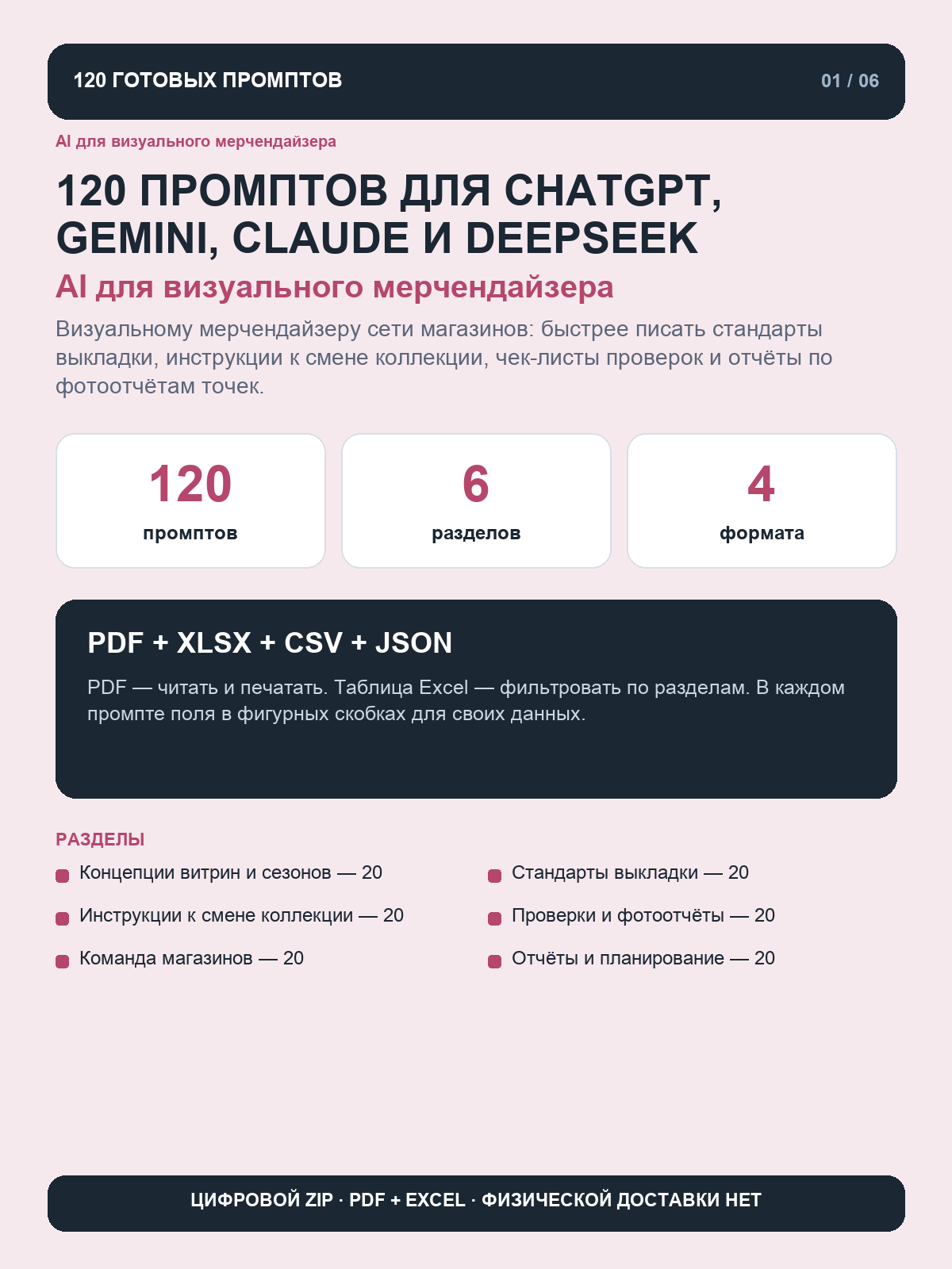 Промпты для визуального мерчендайзера: 120 готовых запросов для ChatGPT, Gemini, Claude и DeepSeek, цифровая книга PDF A4