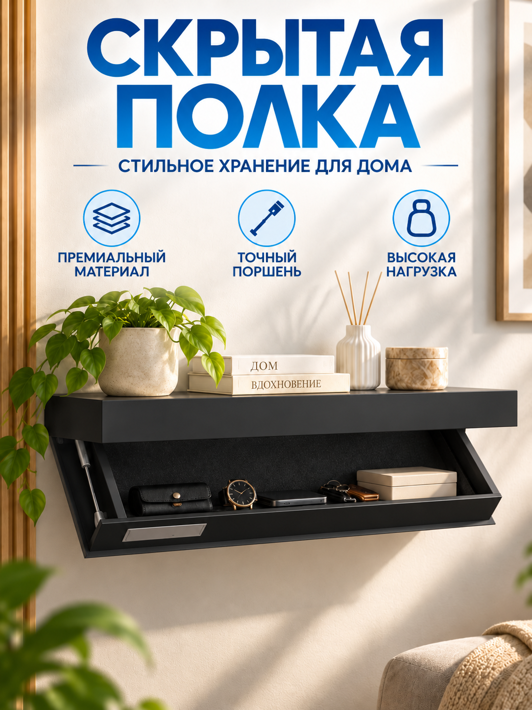 Скрытая полка настенная с откидным ящиком, подвесная тумба для хранения мелочей и декора в гостиной и спальне