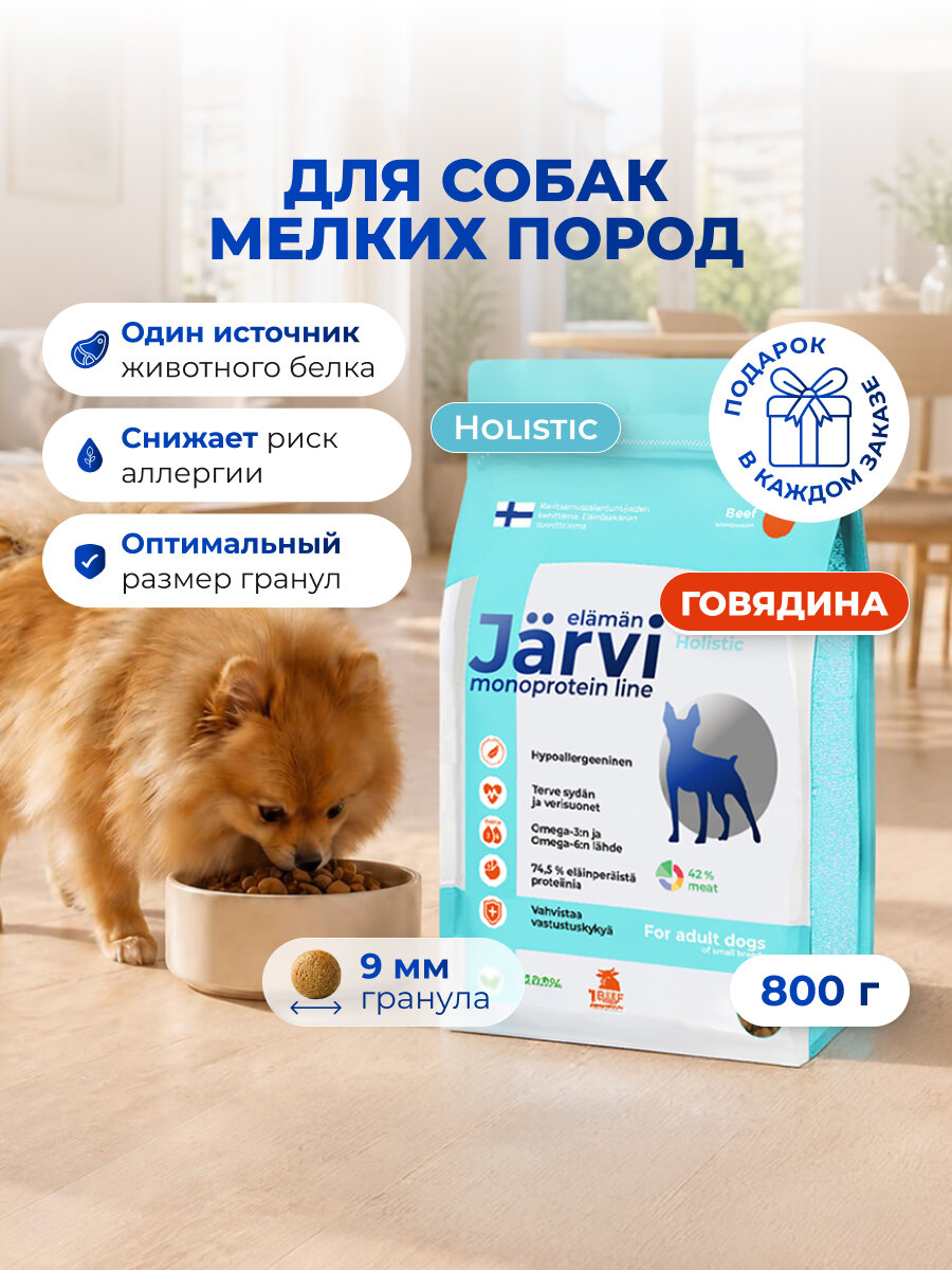 Сухой корм Jarvi Monoprotein line гипоаллергенный holistic для взрослых собак мелких пород с говядиной, 800 г
