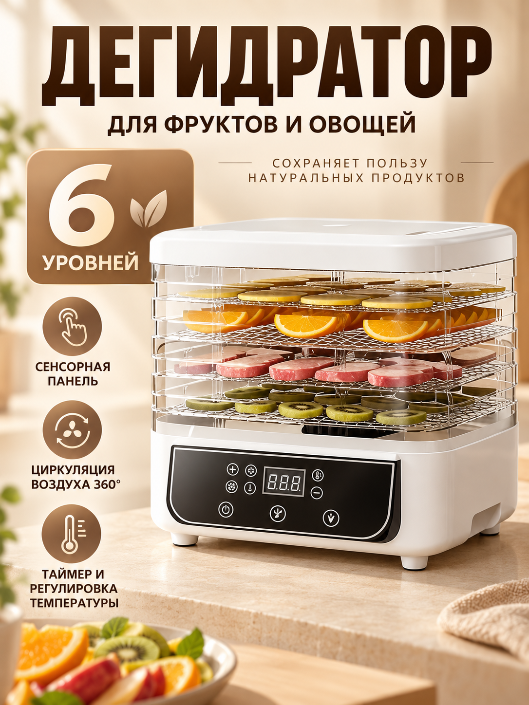 Сушилка для продуктов домашняя 5 регулируемых уровней с прозрачными поддонами, таймером и регулировкой температуры