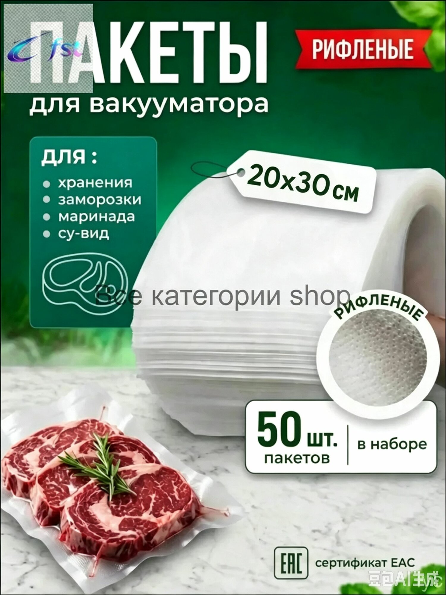 Вакуумные рифленые пакеты 20х30, комплект из 50, качественный