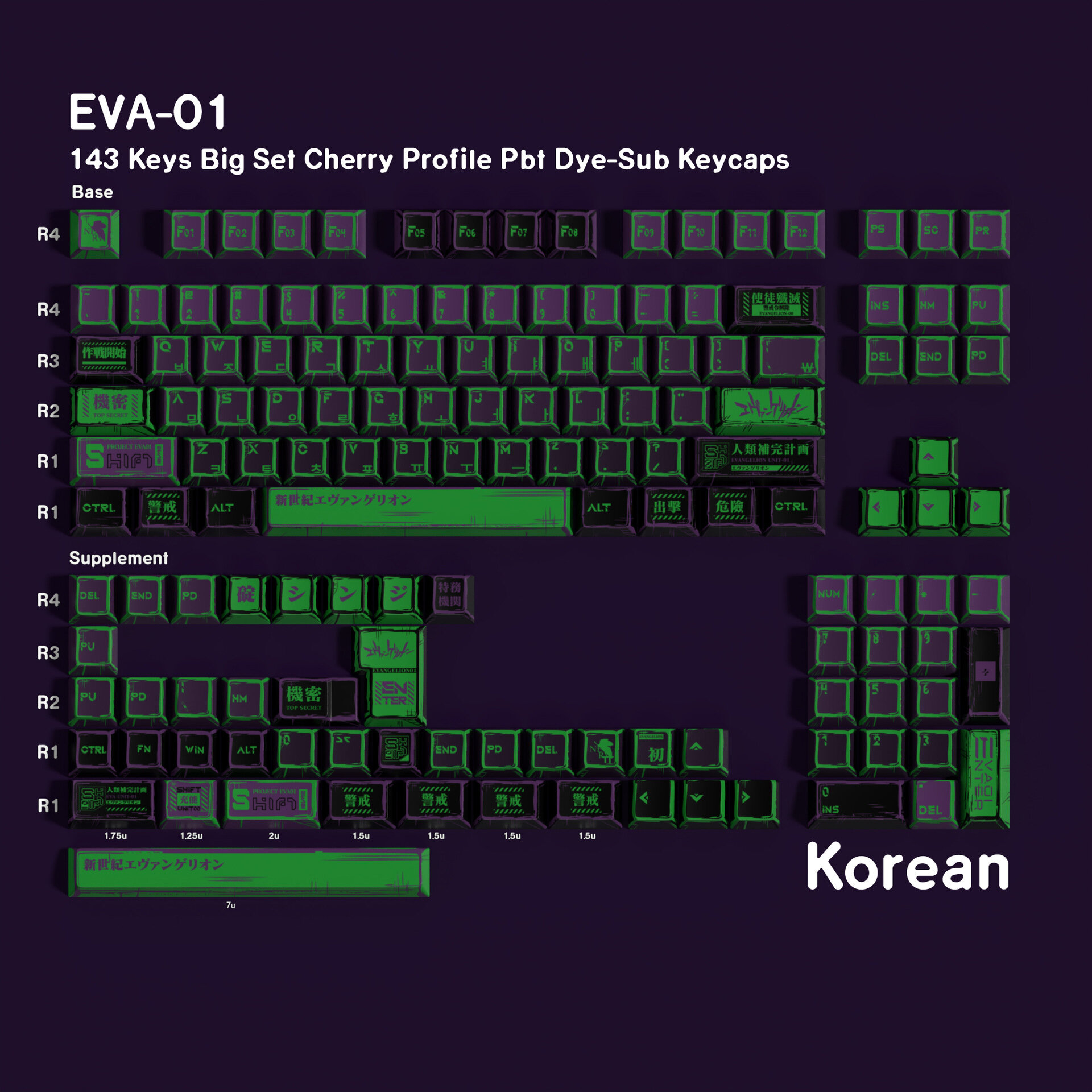 Кейкапы EVA Unit-01 PBT 5-сторонняя сублимация Набор клавиш корейский для механической клавиатуры
