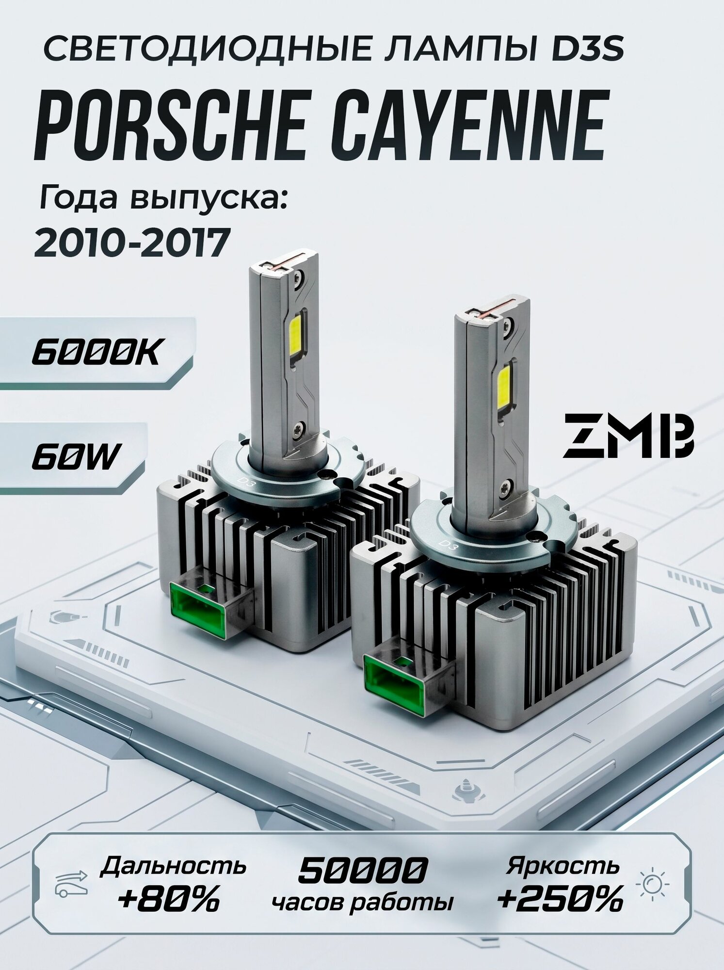 Светодиодные лампы ZMB D3S/R LED 60w на Porsche Cayenne 2010-2017 / замена штатных ксеноновых ламп Д3C для Порш Кайен