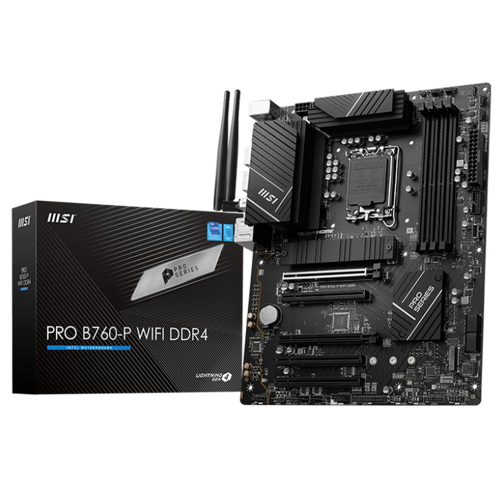 Материнская плата MSI PRO B760-P WIFI DDR4 уц-1 B760, LGA1700, 4*DDR4, 5*PCIEx16, 2*M.2, 2*TypeC, 2*USB3.2Gen2, 2*USB3.2Gen1, 8*USB2.0, 4*SATA3.0, 2.5G, DP, HDMI, ATX, RTL