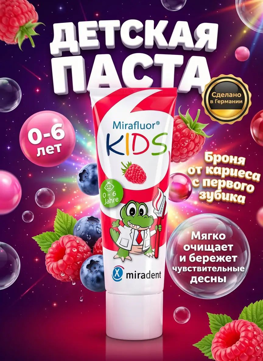 Зубная паста детская от 0 лет miradent Mirafluor Kids 75мл. / Паста для защиты молочных зубов и защиты от кариеса с фторидами (1.000ppm), ксилитом (10%) . Со вкусом малины