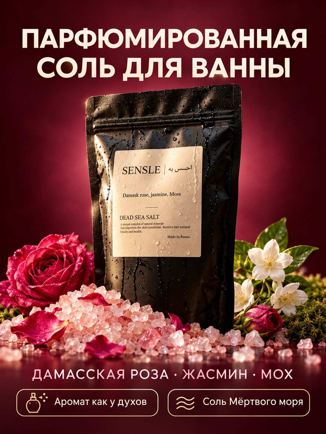 Соль для ванны Дамасская роза, Жасмин, Мох