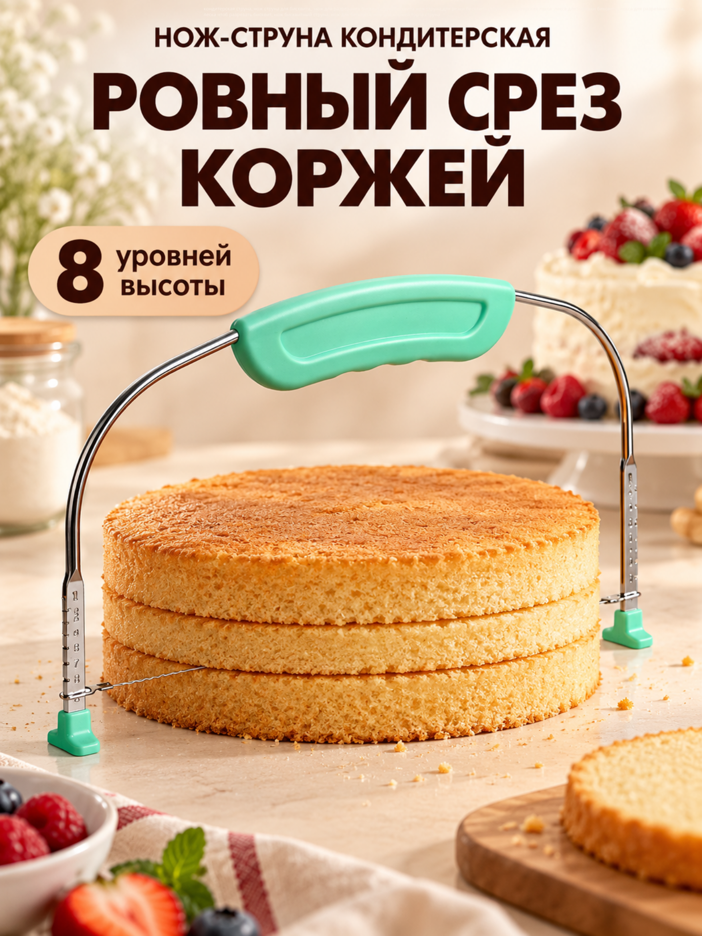 Нож струна для бисквита, антиналипающее покрытие, сталь, серебристый, 28см