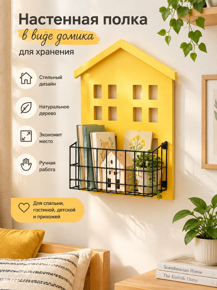 Настенная полка в виде домика для хранения, деревянная полка жёлтая для спальни, гостиной и детской