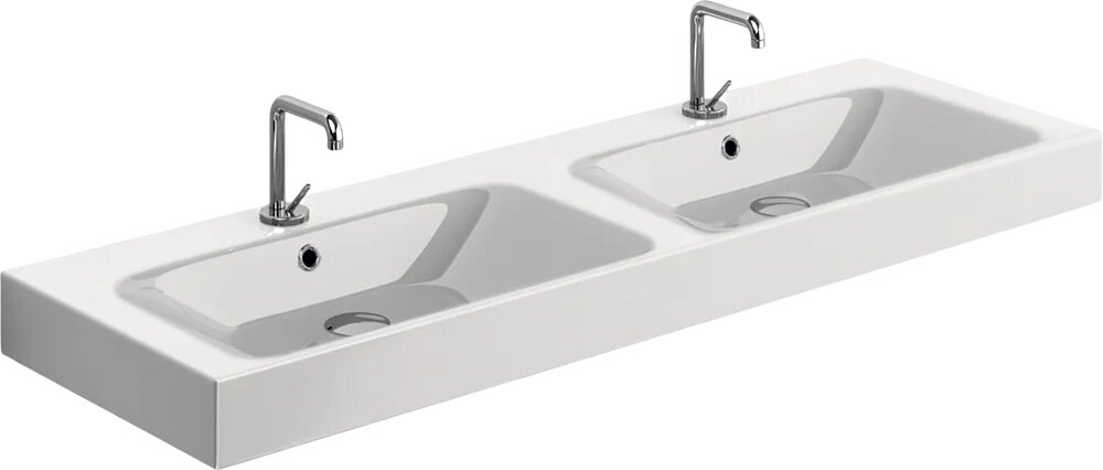 Раковина подвесная Kerasan Cento 353601*1 140 двойная, на 2 смесителя, фарфоровая, раковина для ванной, белая, прямоугольная, со встроенным сливом-переливом