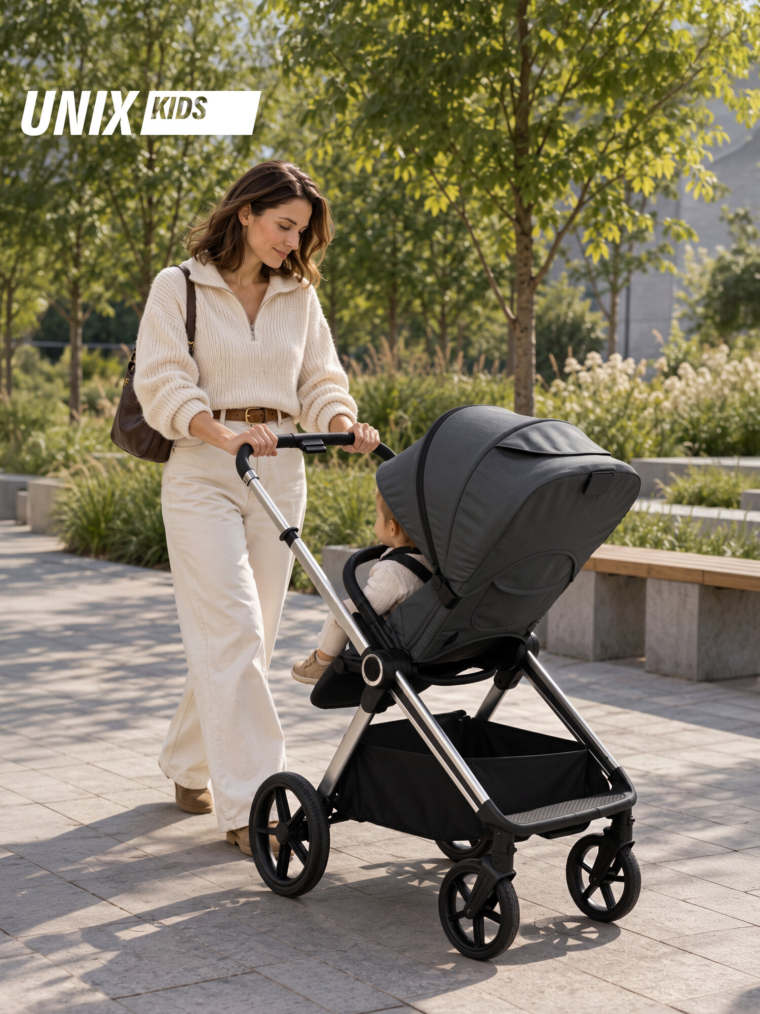 Коляска прогулочная UNIX Kids Verona / Верона детская с реверсивным блоком, всесезонная, компактная, тёмно-серый