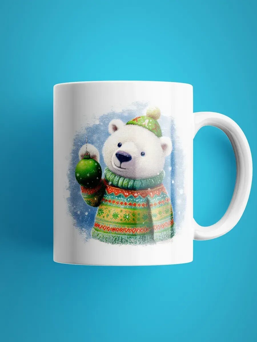 Кружка керамическая TOP CUP, Новогодняя с принтом мишка, белая, 330 мл