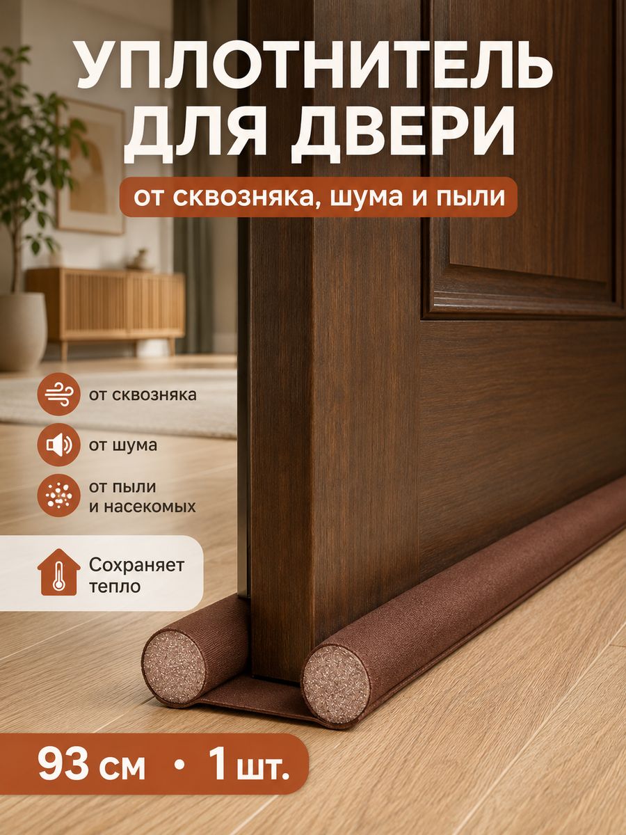 Уплотнитель для двери от сквозняка, двойной валик 93 см, коричневый