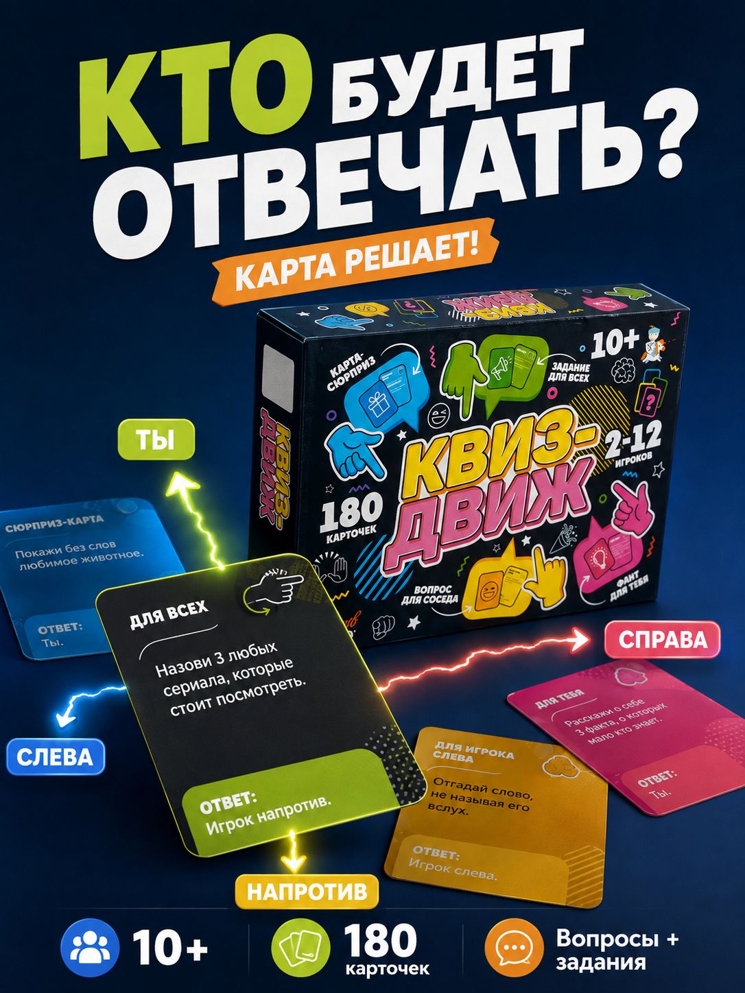 Квиз-Движ настольная игра викторина для компании и семьи 10+, 180 карточек