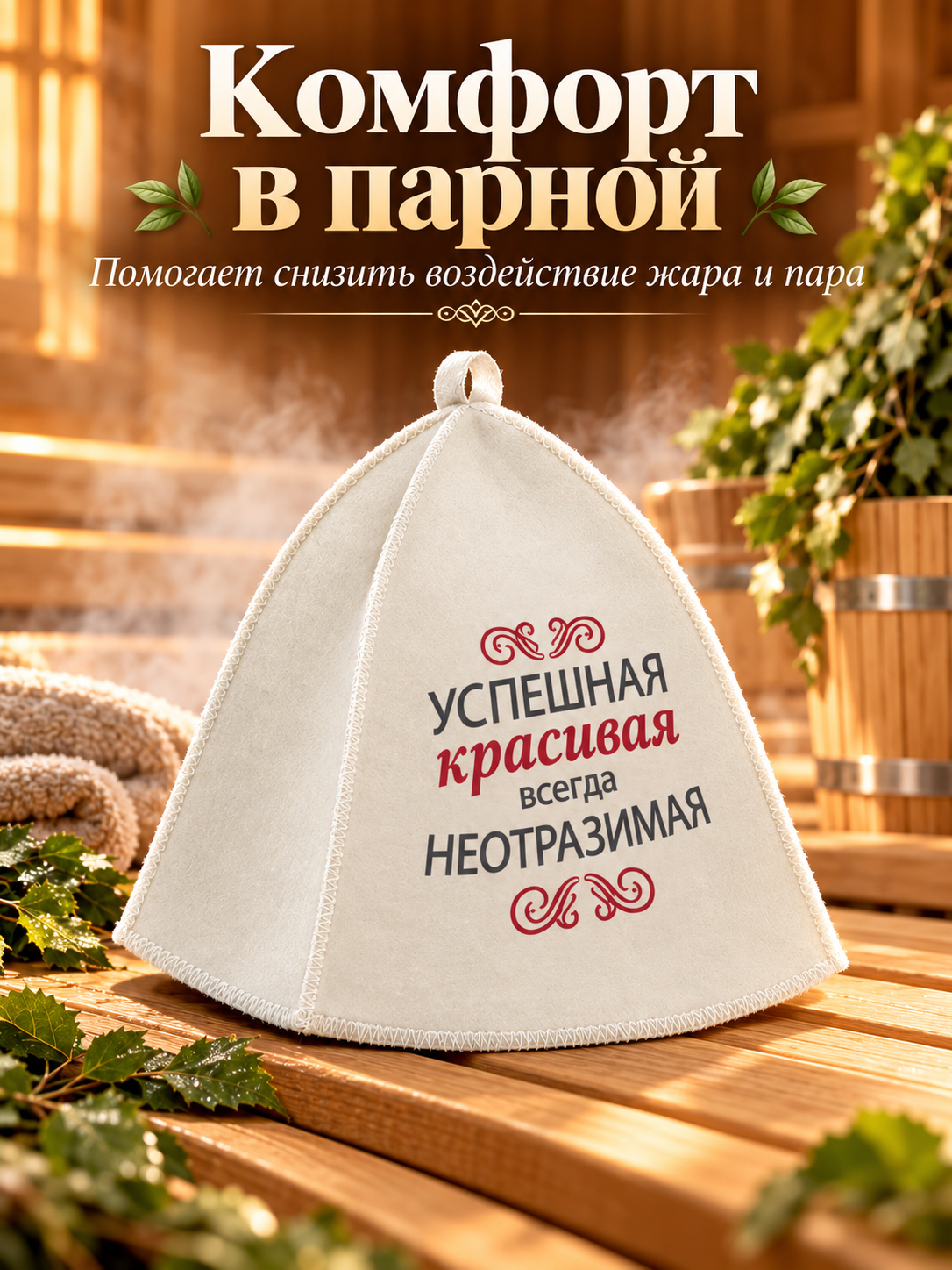 Шапка для бани с принтом "Успешная, красивая, всегда неотразимая", Бацькина Баня