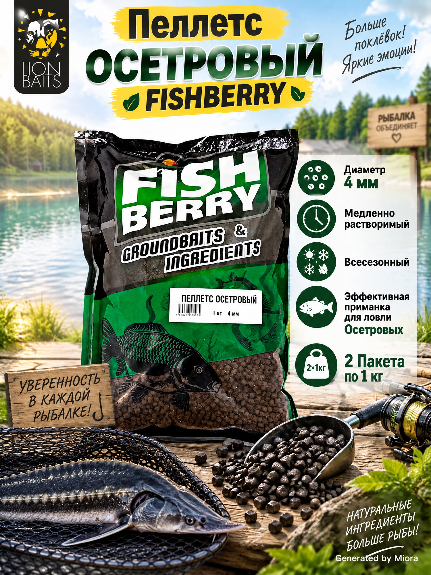 Пеллетс Осетровый Fishberry для рыбалки от Lion baits 1 кг 2шт 4 мм