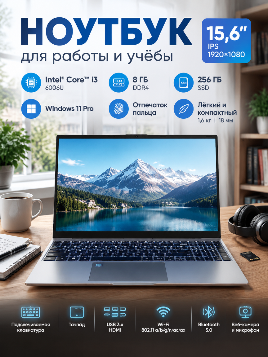 Ноутбук 15,6 дюйма IPS 1920x1080, Intel Core i3, 8 ГБ, SSD 256 ГБ, Windows 11 Pro, отпечатки