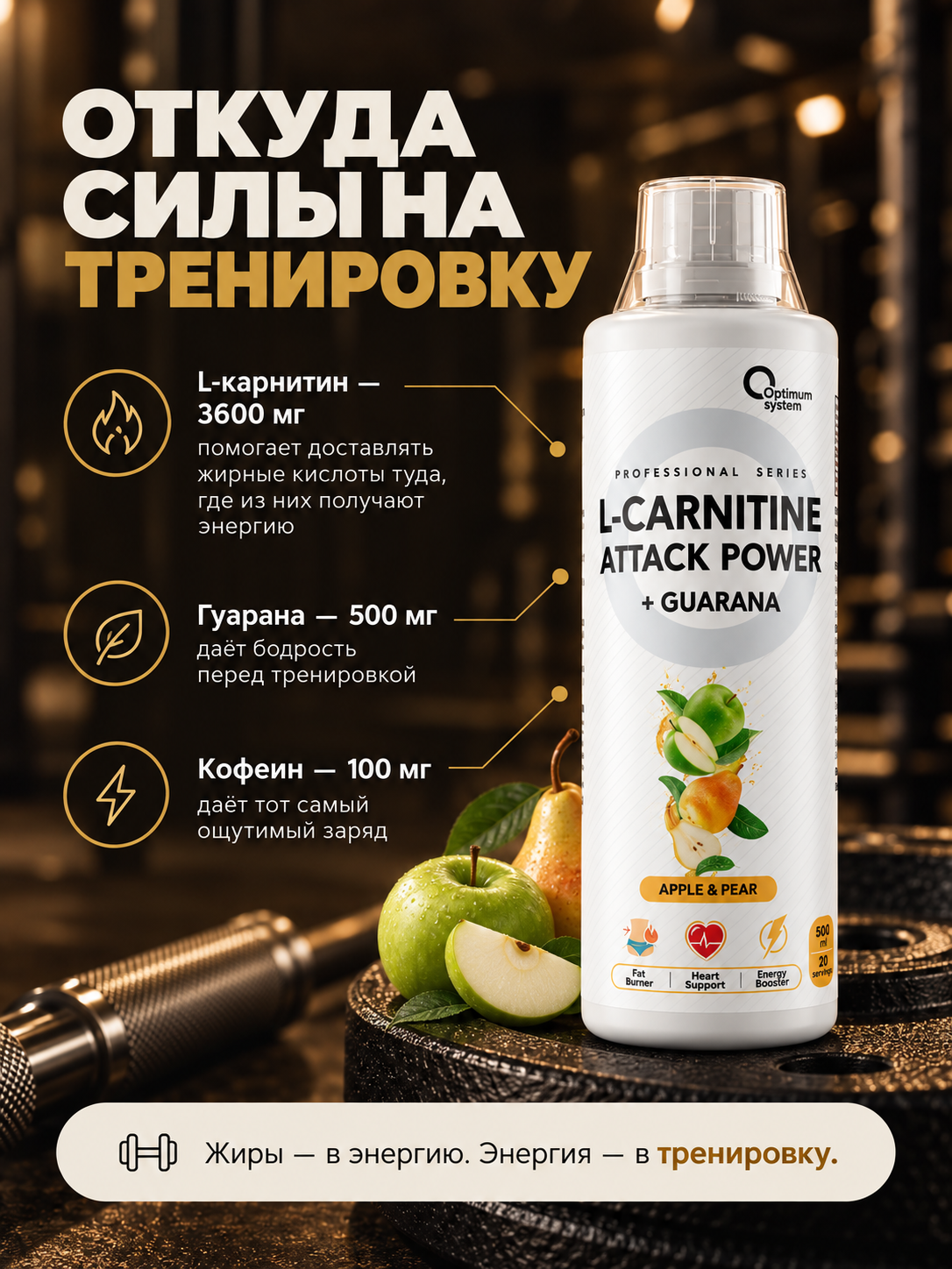 Сироп Л-карнитин + Гуарана Optimum System, 500 мл, 20 порций, источник кофеина (Яблоко-Груша) — фото 1